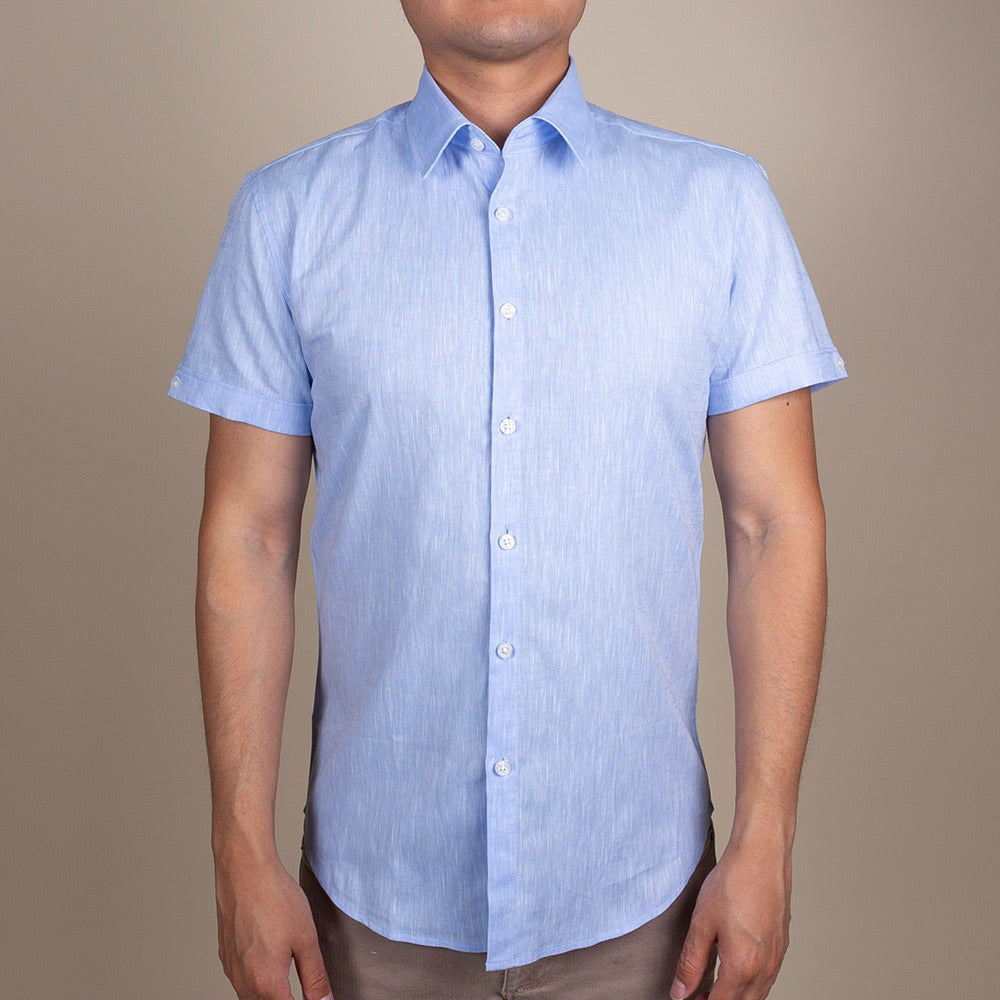 Light Blue Linen Short Sleeve Button Up Collared Shirt | Slim Fit ...